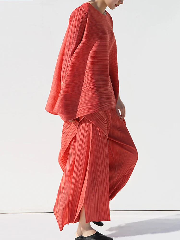 Miyake Pleated Women Two Piece Sets 2023 Summer Long Sleeve T-shirt To ...