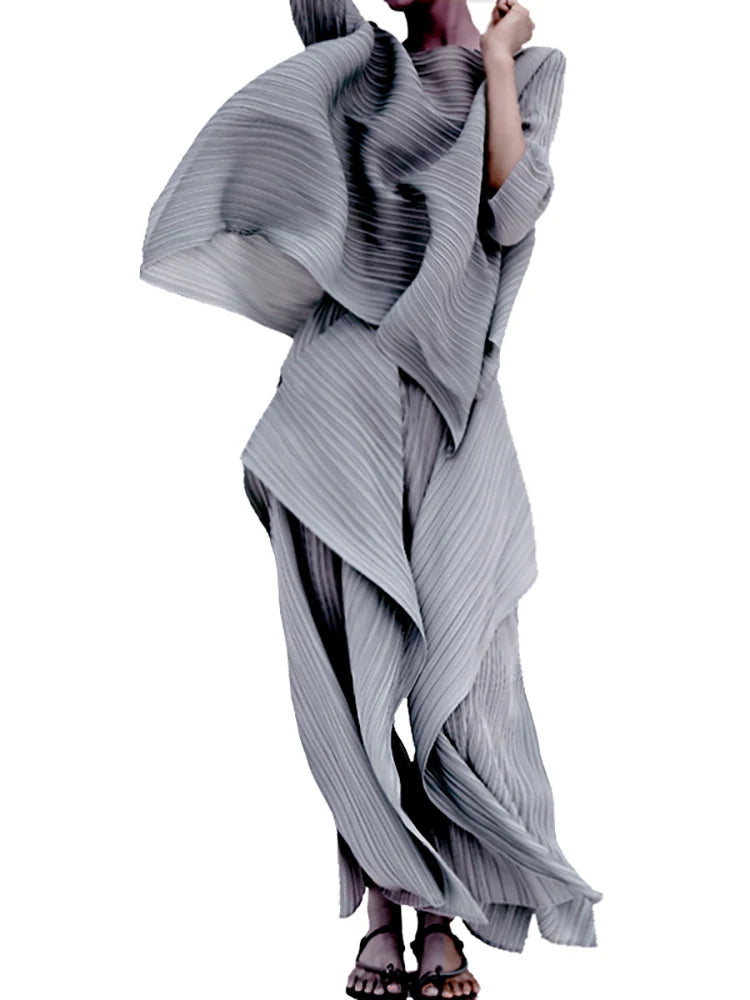 Miyake Pleated Women Two Piece Sets 2023 Summer Long Sleeve T-shirt To ...